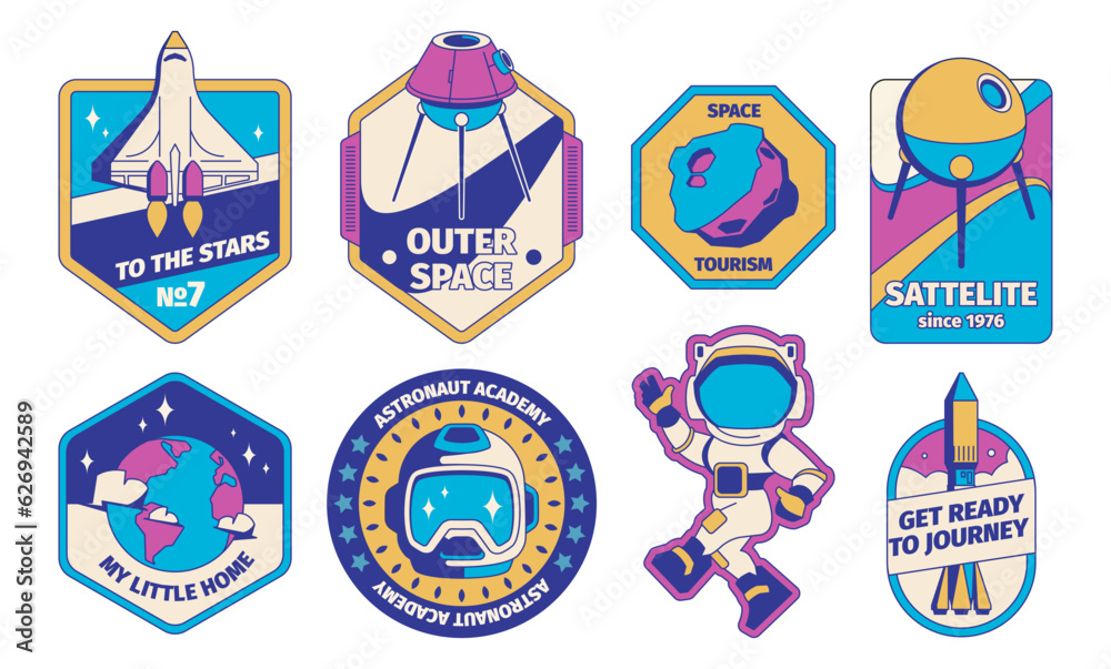Vintage space and astronaut badges. Retro galaxy with rocket flight to ...