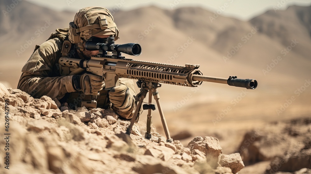 Military sniper in the desert. Sniper mercenary with a rifle aims at ...