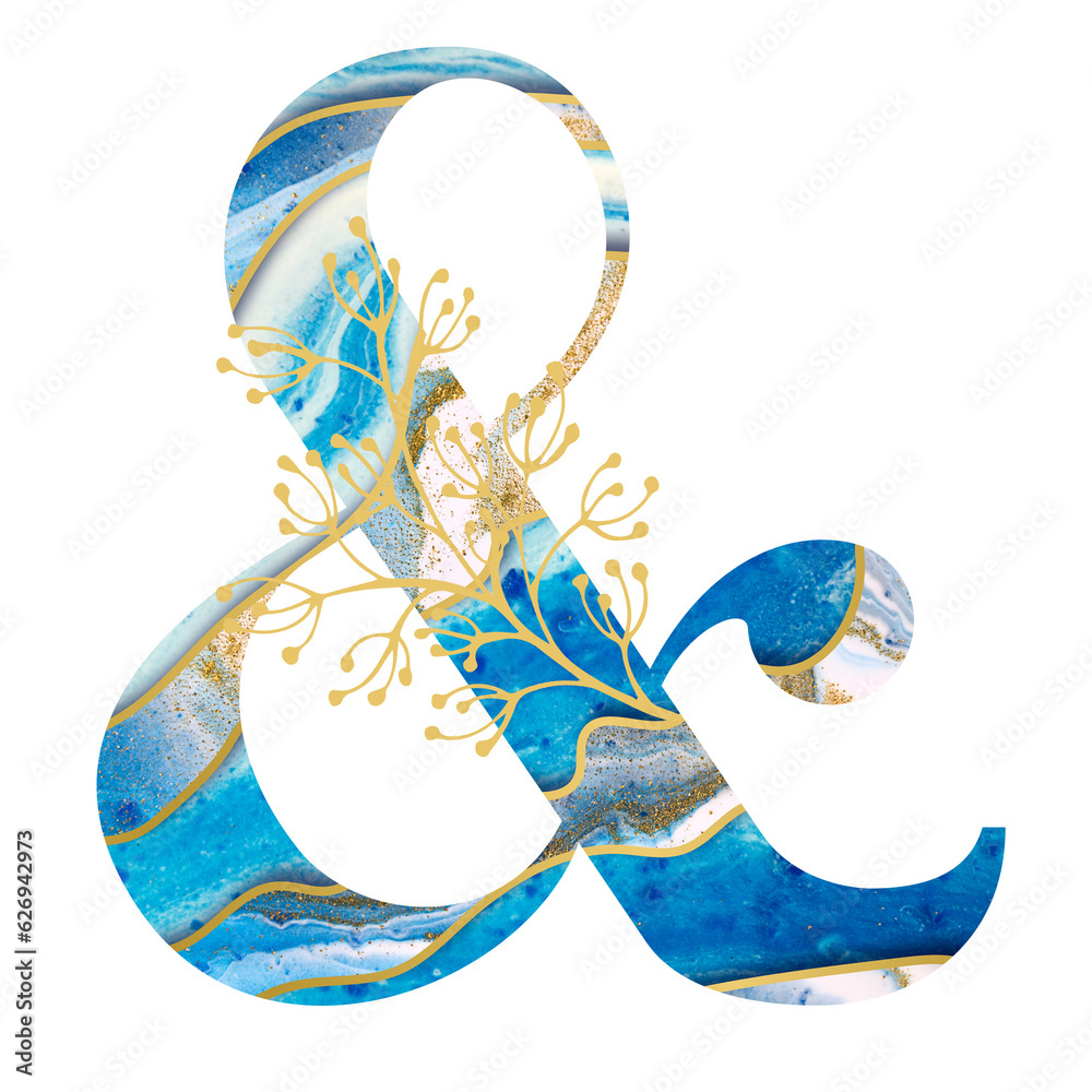 Blue gold marble ink symbols and punctuation marks, isolated on ...