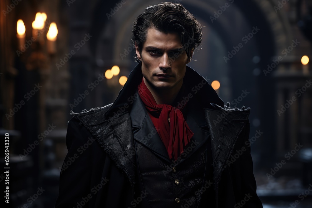 Man Dressed as a Vampire Posing Against a Dark Castle - Helloween - AI ...