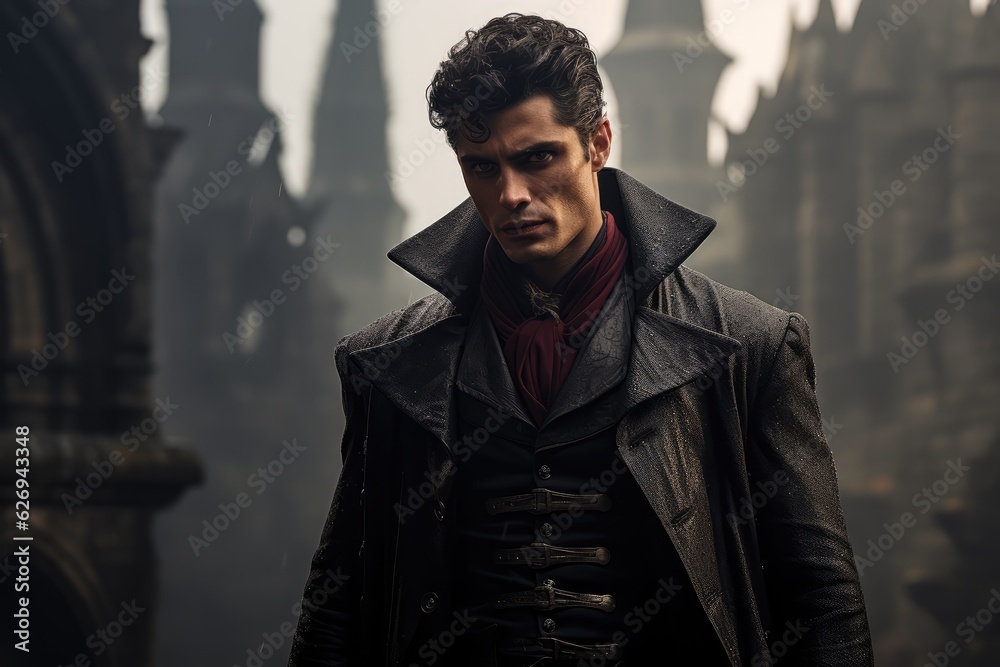Man Dressed as a Vampire Posing Against a Dark Castle - Helloween - AI ...
