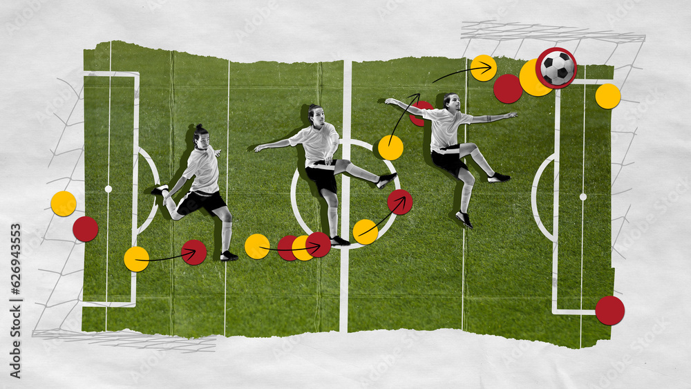 Game strategy. Young guy, football player in motion, hitting ball on ...