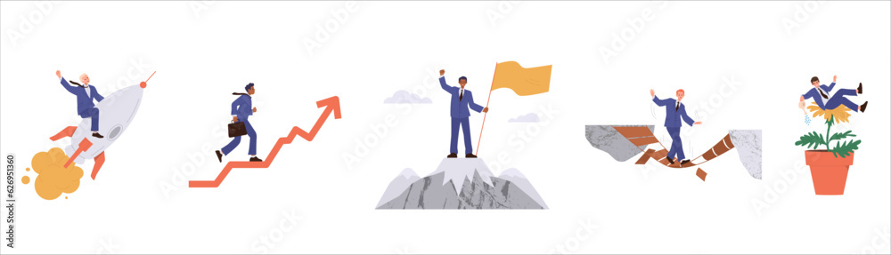 Isolated set of people cartoon character enjoying career growth and ...