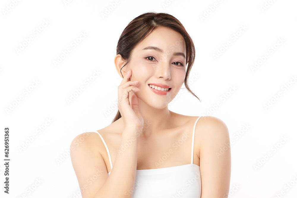 Beautiful young asian woman with clean fresh skin on white background ...