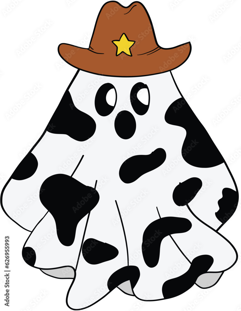 Halloween cute cowboy ghost in hat retro illustration isolated on white ...