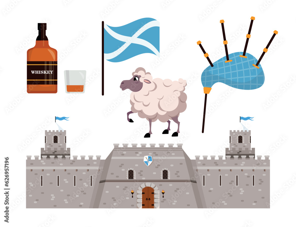Vector illustration of a set of national items of Scotland cartoon ...