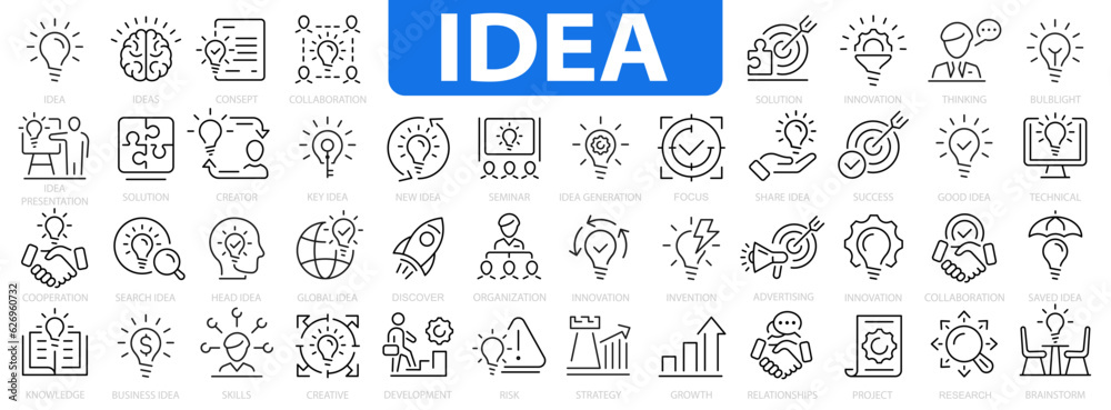 Idea icon set. Creative idea icons. Innovation, solution, brainstorming ...
