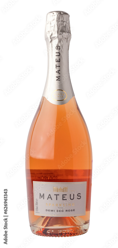 A bottle of Mateus Sparkling Demi Sec Rose sparkling wine on a transparent background. Country ...
