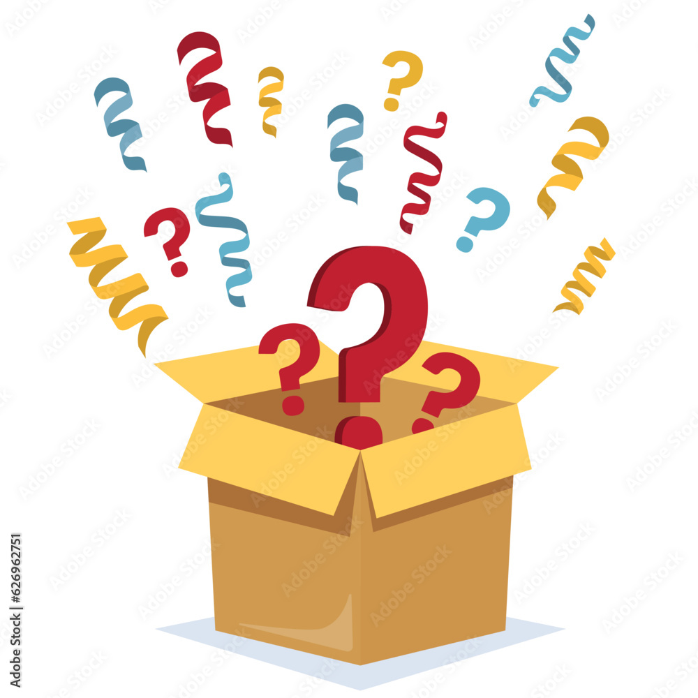 Mystery Secret boxes. Cardboard open box with Question mark. Holiday ...