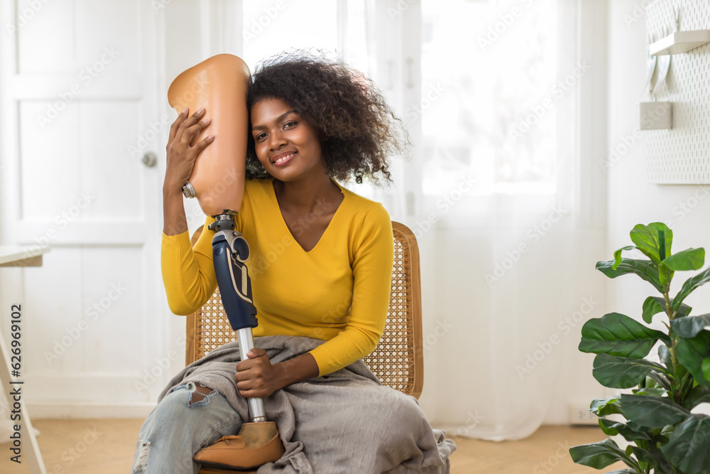 Woman hug prosthetic leg livingroom. applying leg prosthetic concept ...