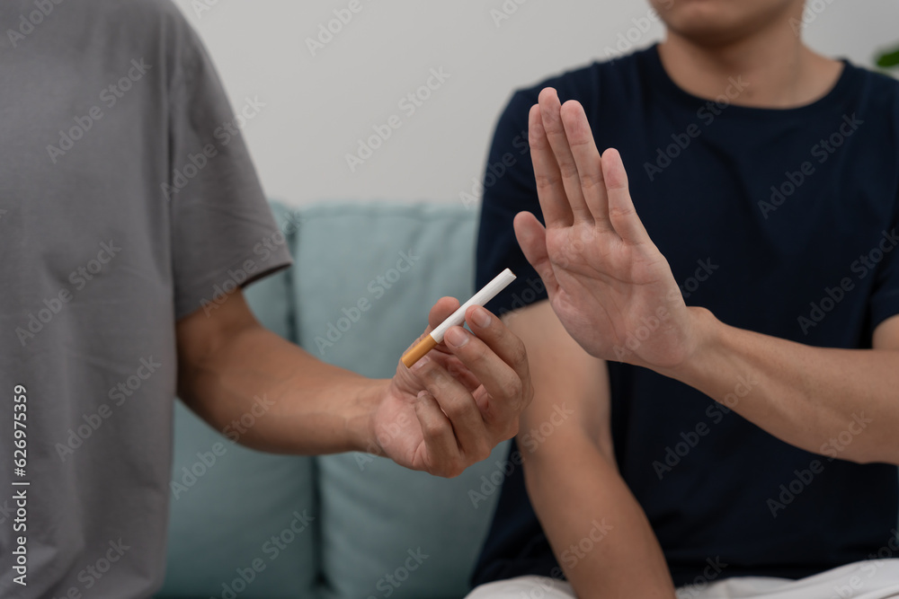 No smoking. Man stop smoke, refuse, reject, break take cigarette, say ...