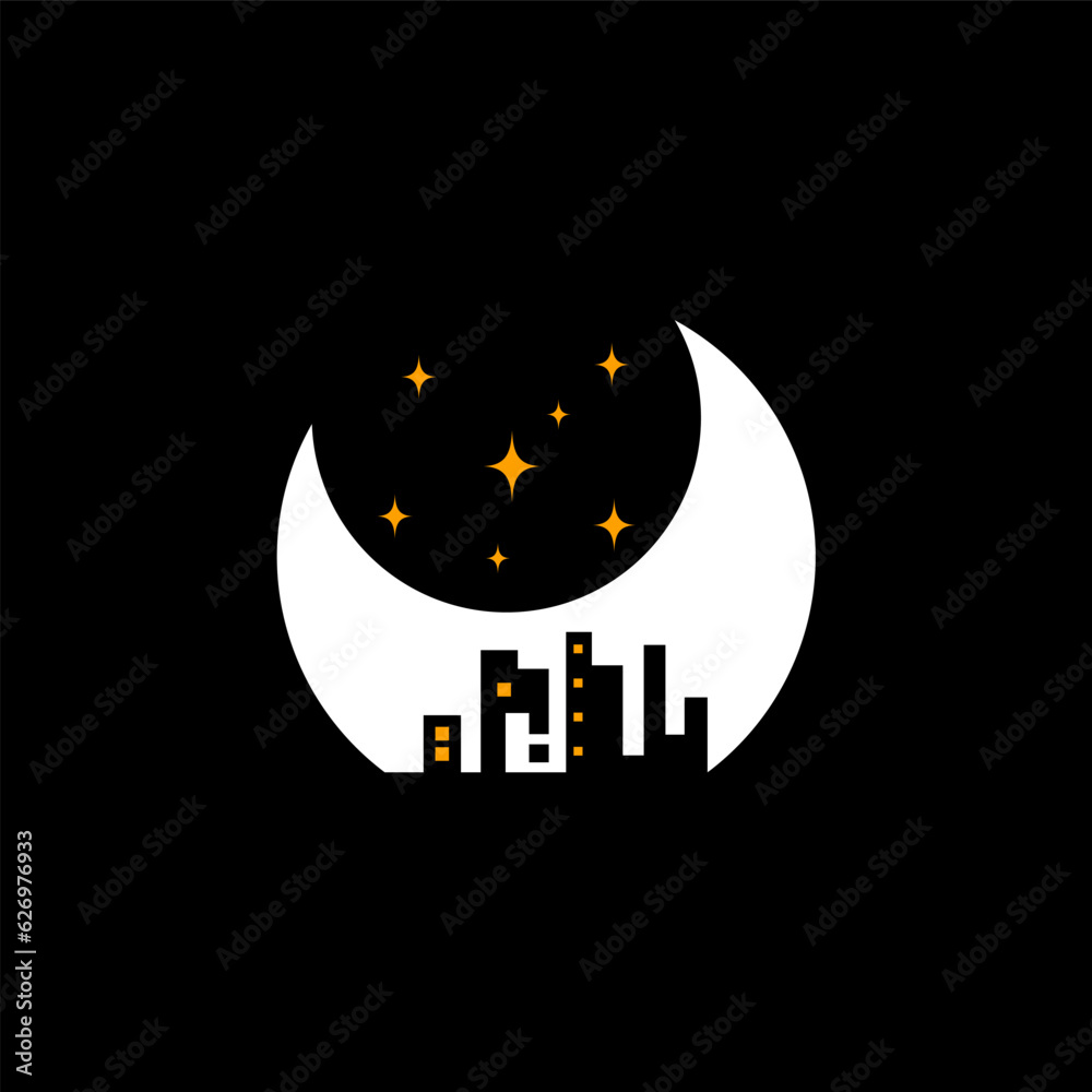 City view logo vector illustration at night with crescent moon and ...