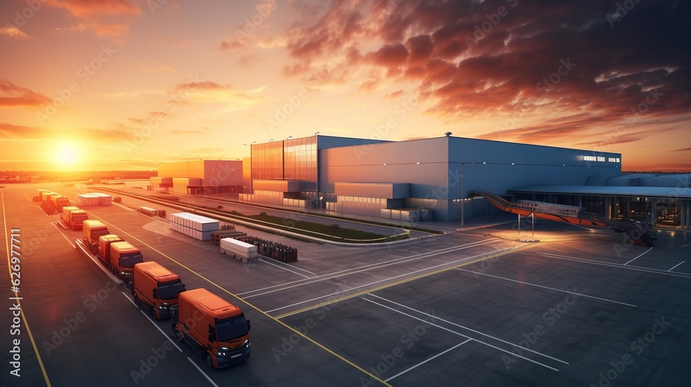 Logistics park with warehouse, loading hub and many semi trucks with ...