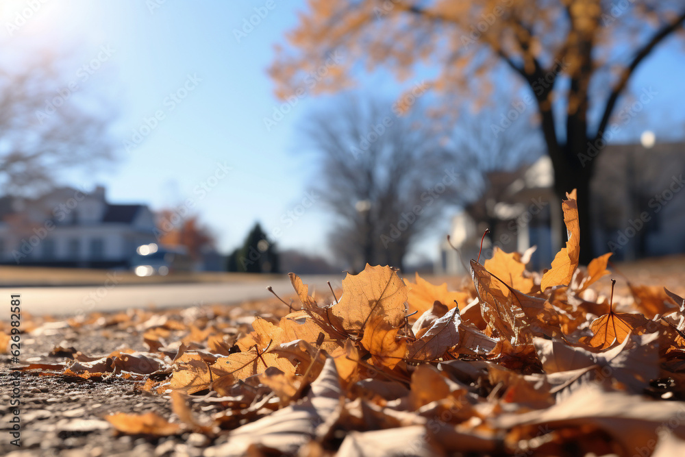 autumn weather, dry leaves cover the paved streets of the park ...
