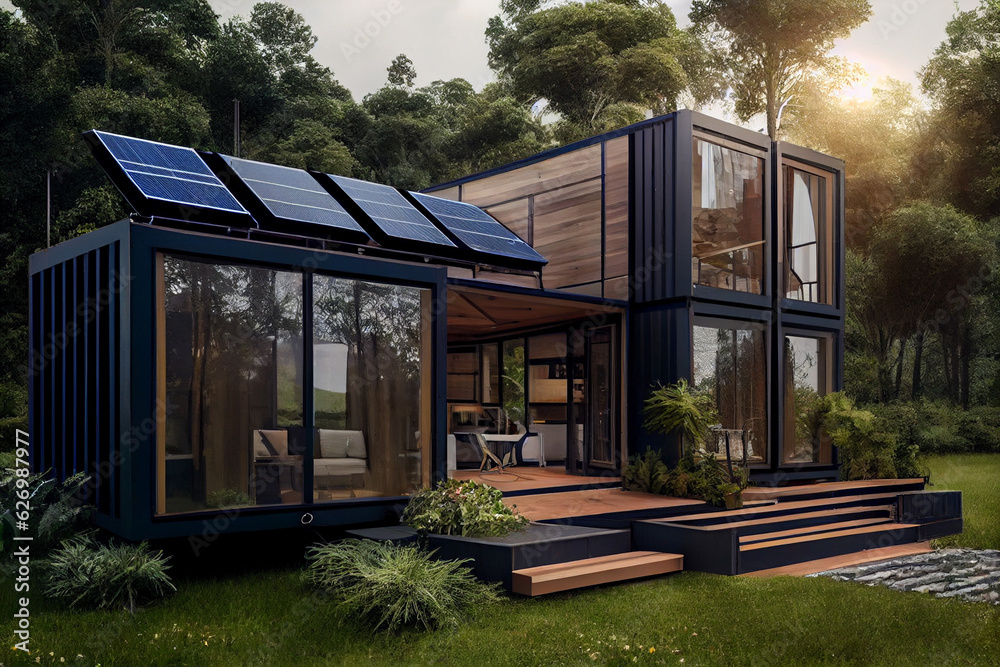 Residential house cottage made of cargo shipping containers. Solar ...