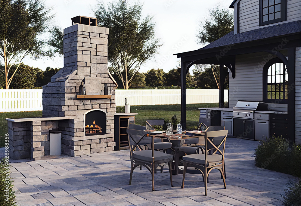 Villa backyard. Patio with chairs; table; and a fireplace and BBQ area ...