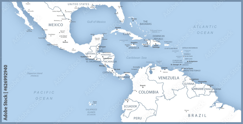 Map of Central America with names of countries, capitals and cities ...