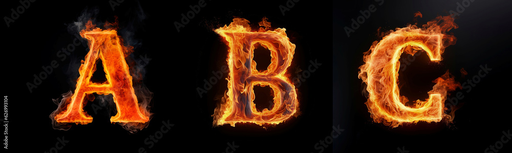 Capital letters of the English alphabet A, B, C consisting of a flame ...