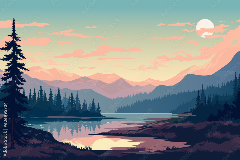 Beautiful landscape vector illustration. Stunning landscape of the lake ...