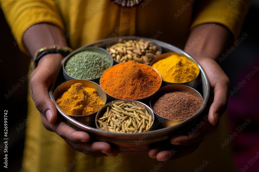 Hands holding a traditional Indian spice box (Masala Dabba) with ...