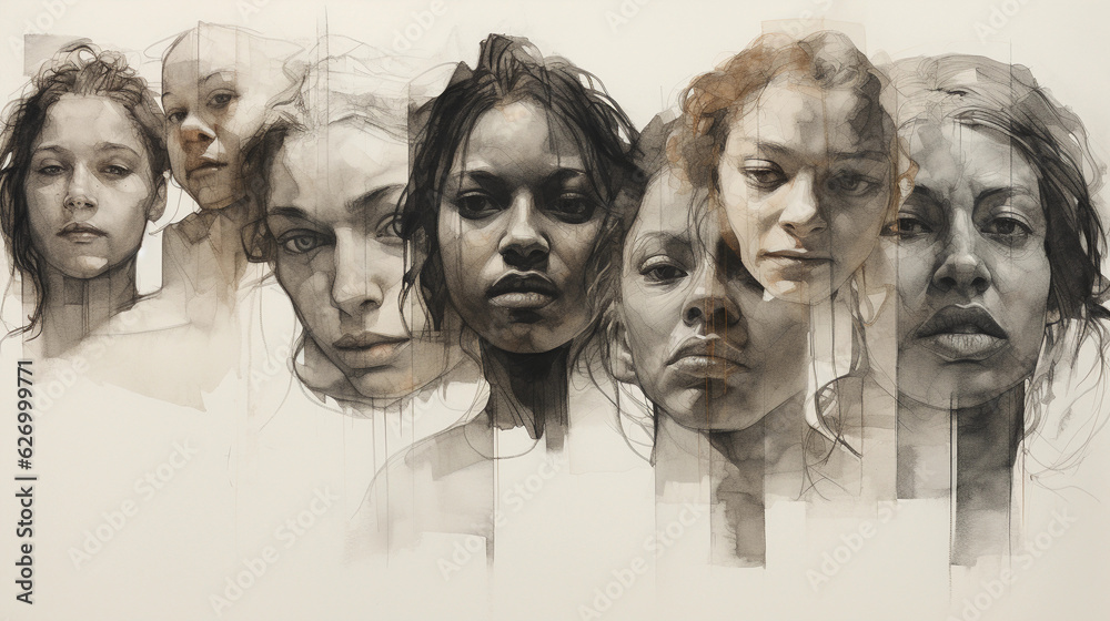 A collage of abstract human faces of different ethnicities, sketched in ...