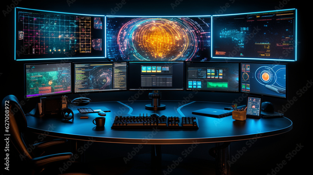 The trader's computer desk featuring an ultra-wide curved monitor ...