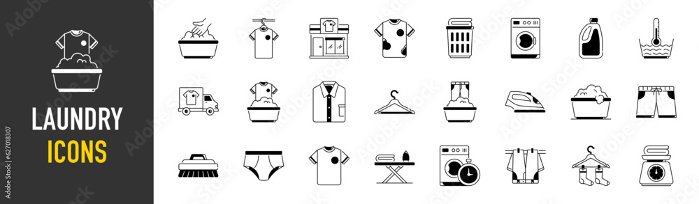 Hygiene and laundry icons set. Washing hands, bathing, premises, soap ...