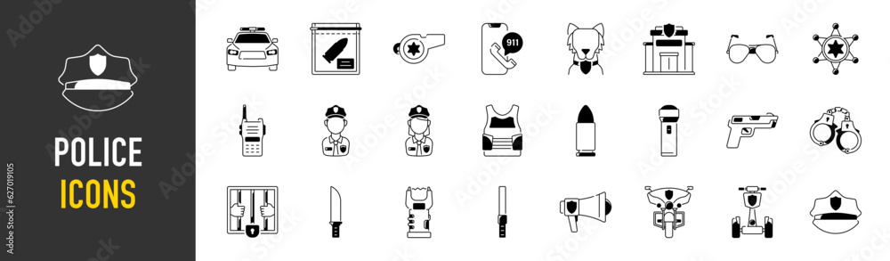 Police icon set. Containing car, dog, gun, police station, walkie ...