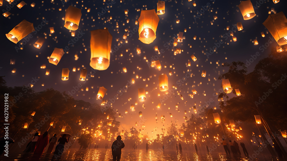 Traditional fire lanterns being released into the night sky during the ...