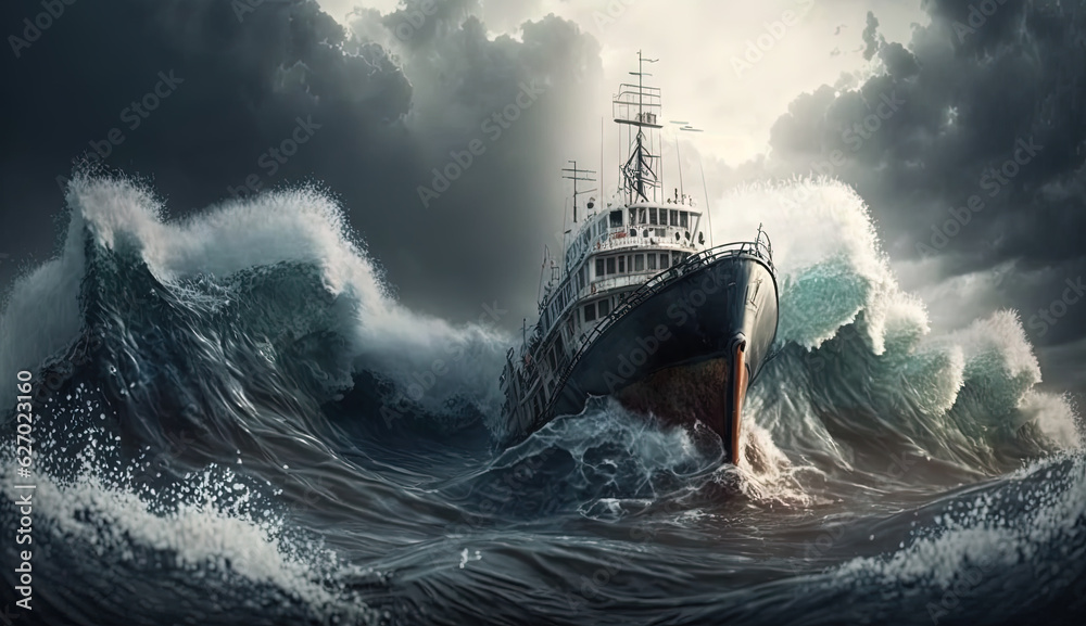 Ship in the stormy sea with huge waves. Giant stormy waves in the ocean ...