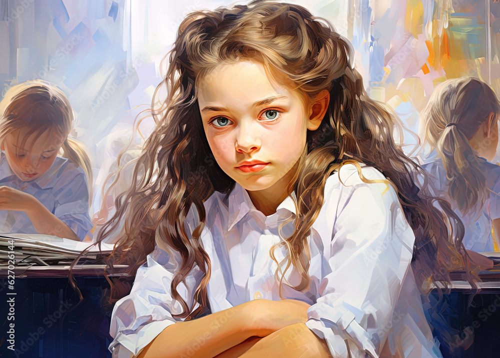 Young girl sits in a school classroom, surrounded by her peers. Drawn ...