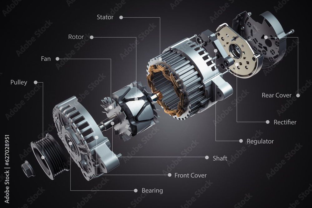 Structire and scheme of car alternator, generator on black. Structire ...