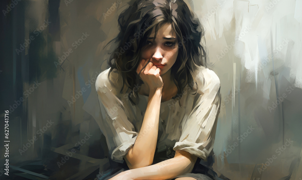 The girl, filled with sadness, anxiety, and grief, carries the burden ...