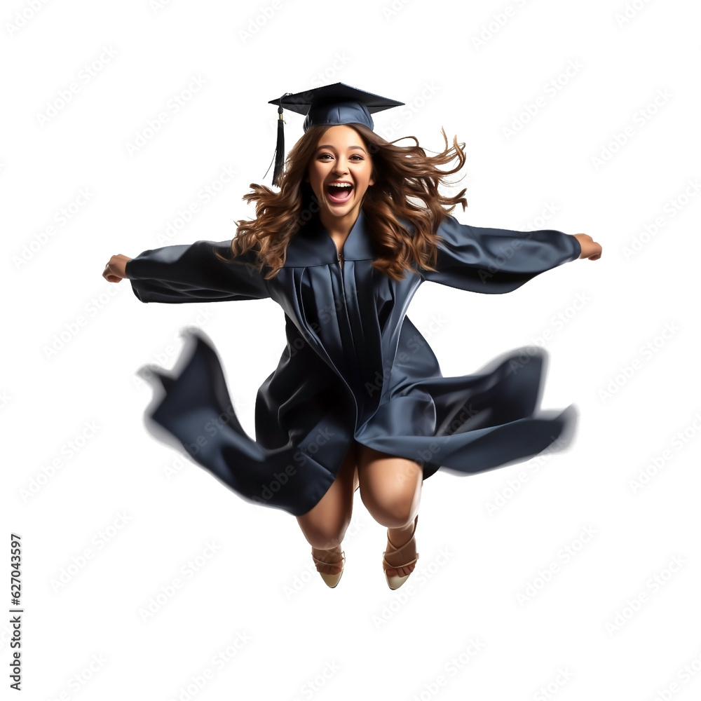 graduation concept beautiful woman jumping glad to graduate on ...