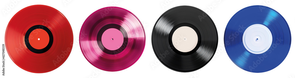 Collection of various color vinyl records with paper labels isolated on ...