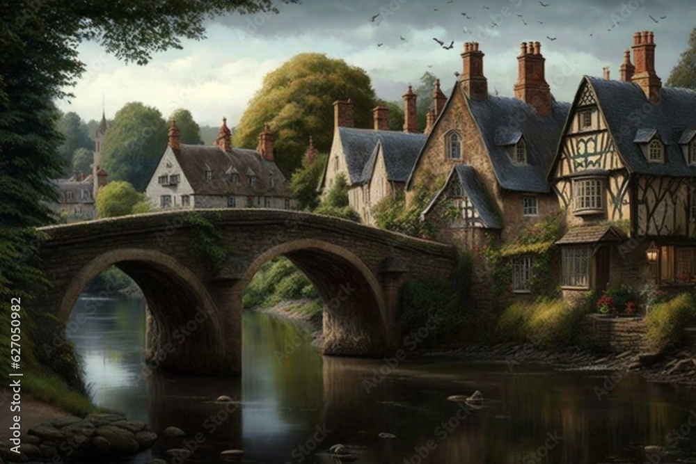 Quaint English town with arched bridge, stream & medieval style ...