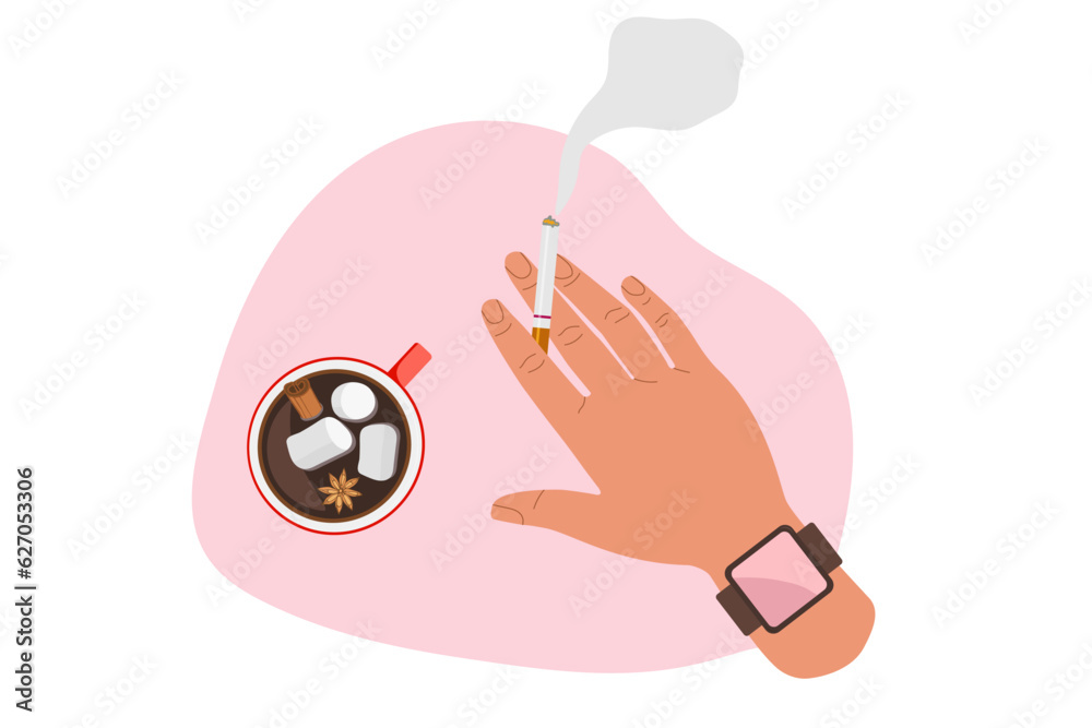 Top view of hand with cigarette, coffee cup. Person smoking. Hot drink ...