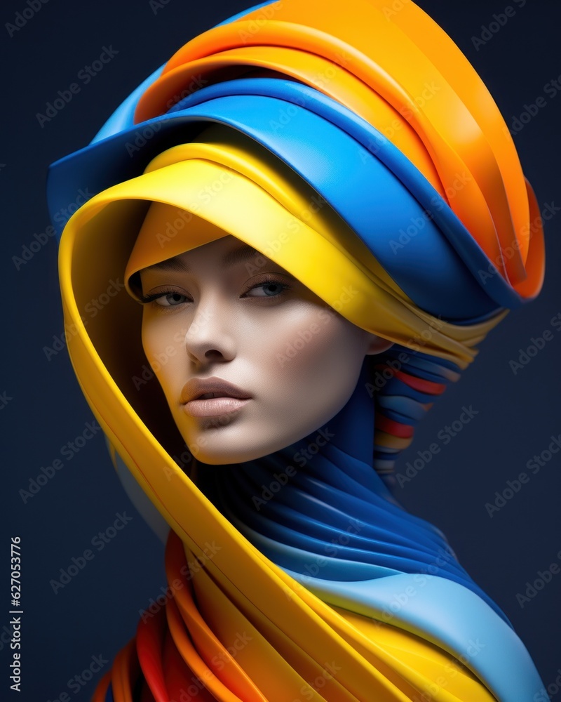 Beautiful Woman Wearing Colorful Vibrant 3d Printed Headwear Surreal