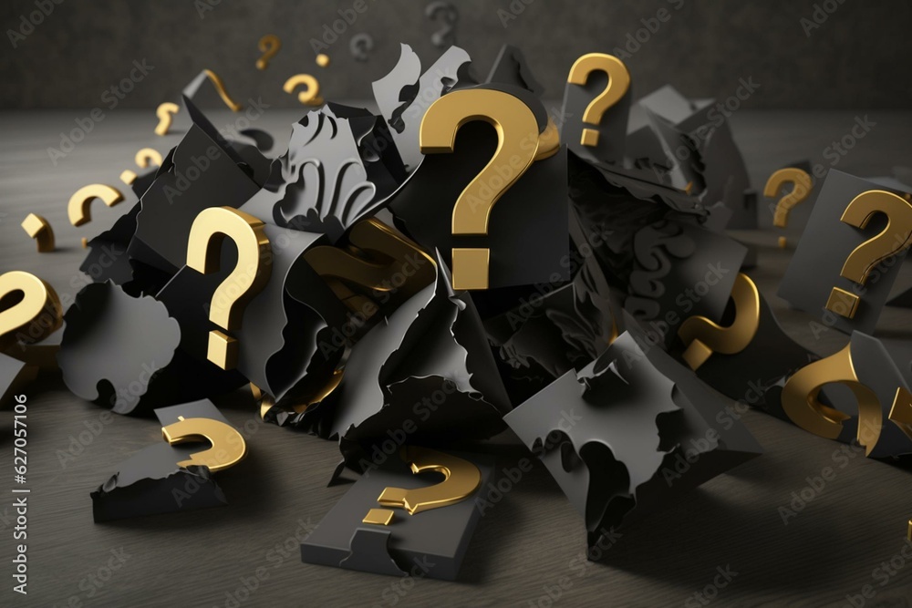 Pile of black question marks with one gold on grey wall and wooden ...