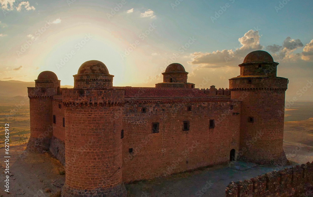 Aerial shot medieval castle of La Calahorra. Turrets and castle walls ...