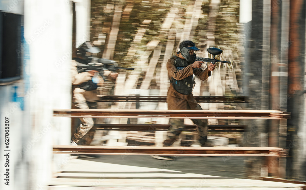 Paintball, battlefield and team, motion blur and attack with target ...
