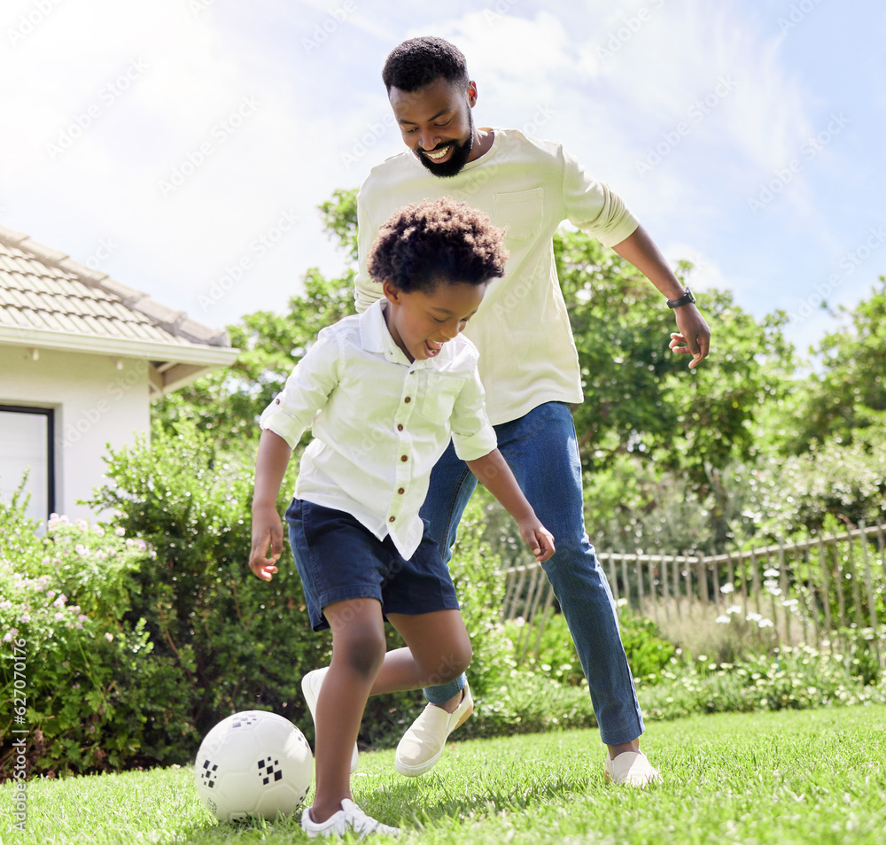 Soccer game, dad and happy kid on a garden with exercise, sport ...