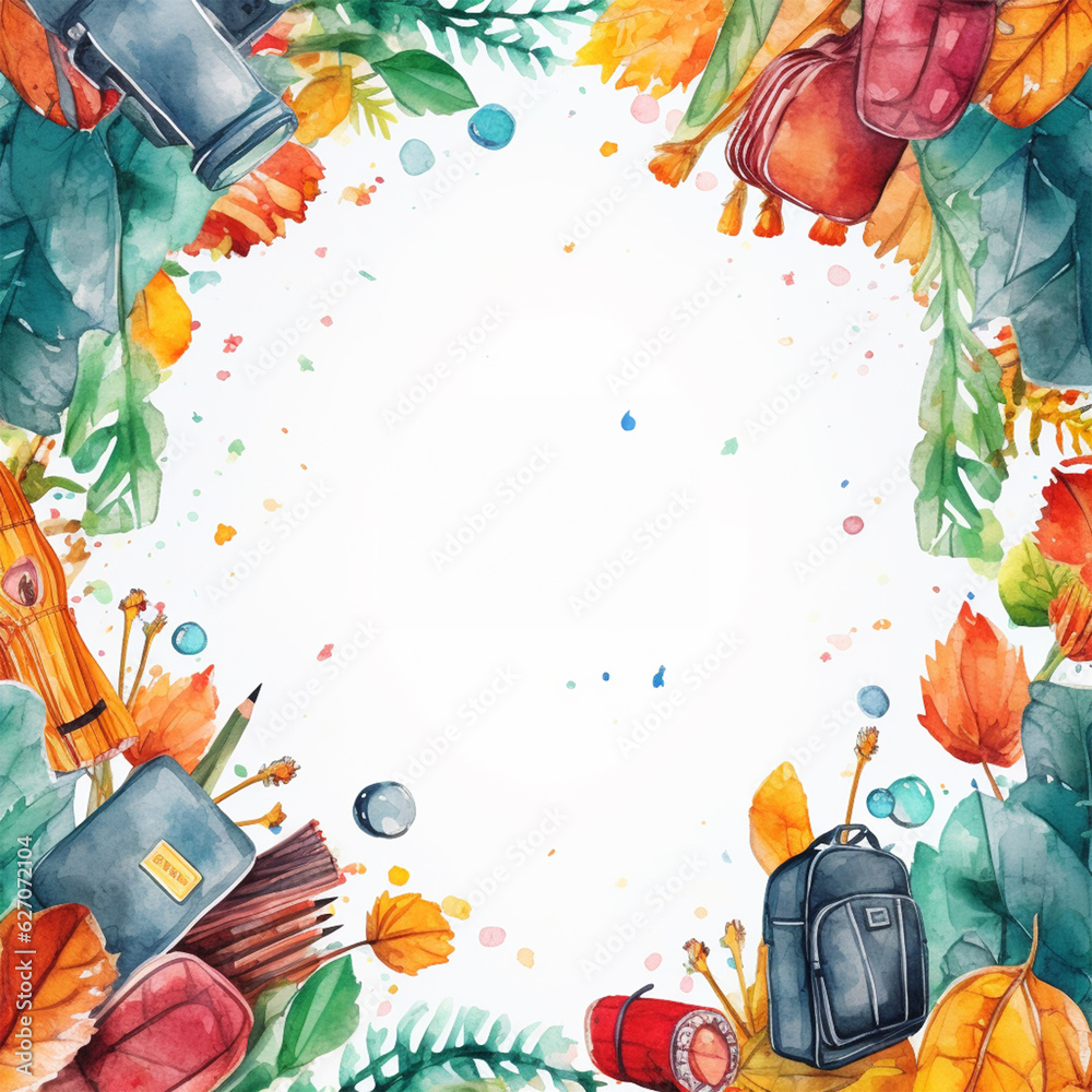watercolor back to school background, objects and elements for school ...