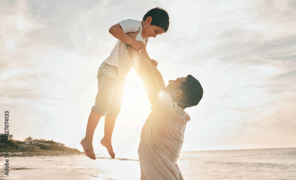 Beach, love and father lifting boy child with freedom, smile and travel ...