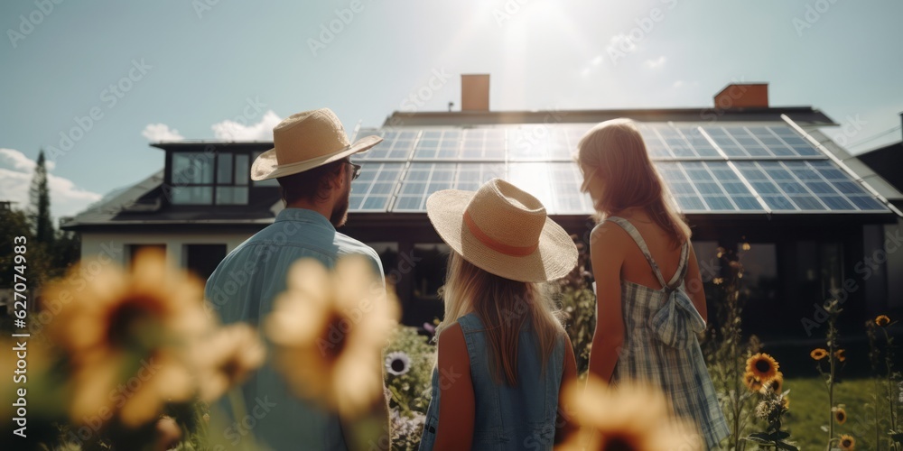 Happy Family with Solar Panels on Modern House Rooftop, Solar Panel on ...