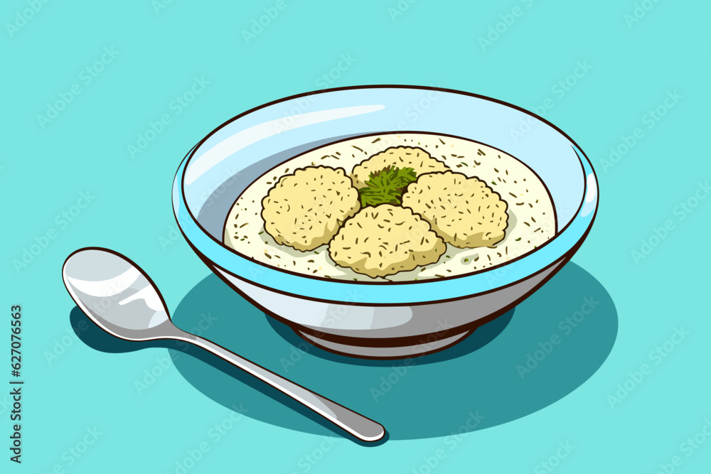 Doodle inspired Matzo Ball Soup, cartoon sticker, sketch, vector ...