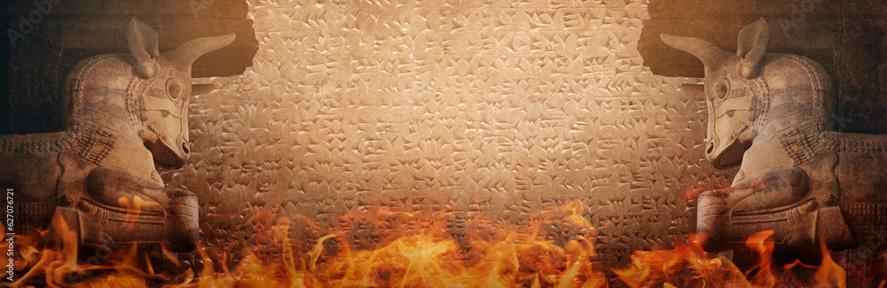 Ancient cuneiform Sumerian text and bull statue, a mythical Assyrian ...