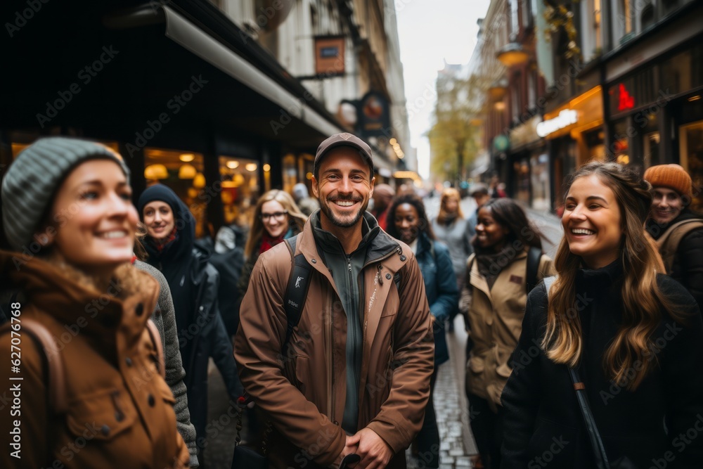 A friendly tour guide leading a group of tourists through bustling city ...