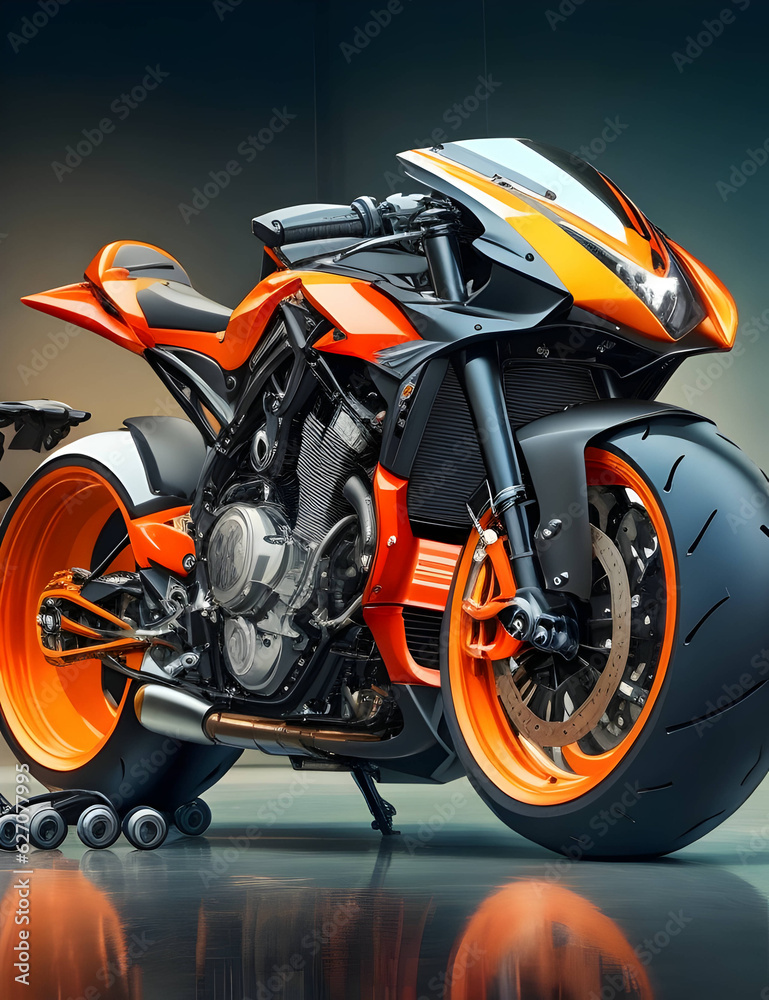 orange and black motorcycle on a reflective surface, a digital ...