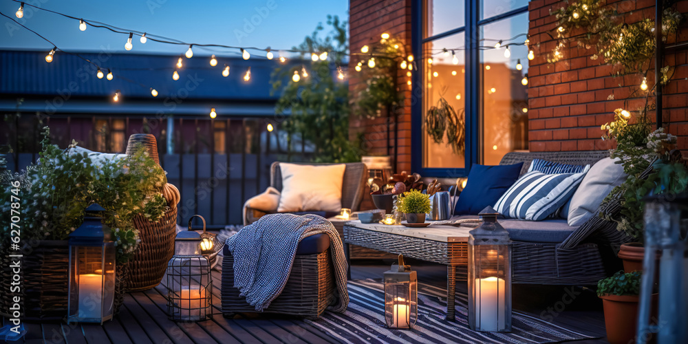 View over cozy outdoor terrace with outdoor string lights. Autumn ...